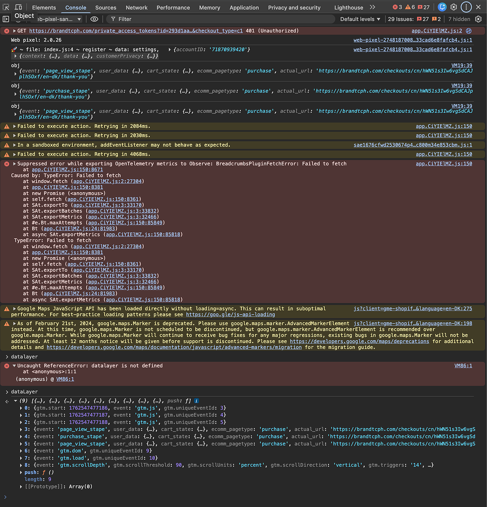 Shopify Grow (sandboxed checkout): purchase in pixel dataLayer but not - Shopify Server-Side ...