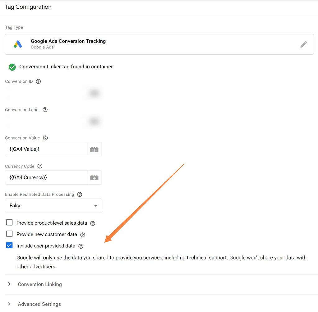"Data Tag" to "Google Ads Conversion Tracking" Tag - User-Provide Data ...